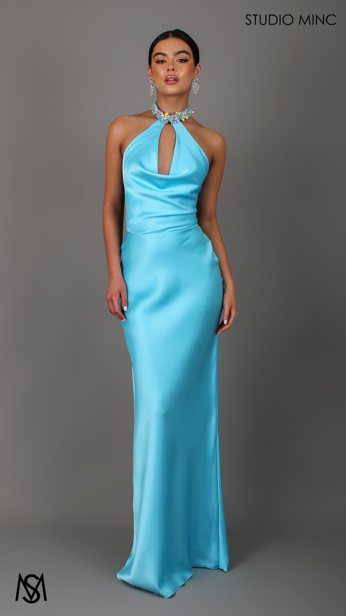 Jewel - Blue Formal Dress | Satin Backless, High Neck Plunge Diamante choker – STUDIO MINC