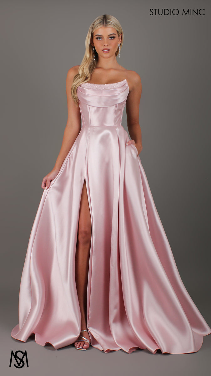 Honey - Light Pink formal Dress | Strapless corset pearl detail Mikado – STUDIO MINC