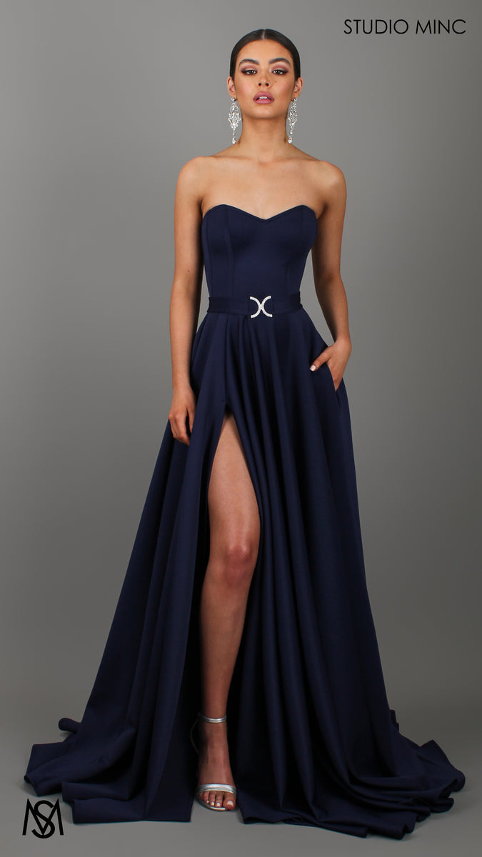 Sweetheart - Navy Blue Formal Dress | Strapless Corset Leg Split Gown – STUDIO MINC