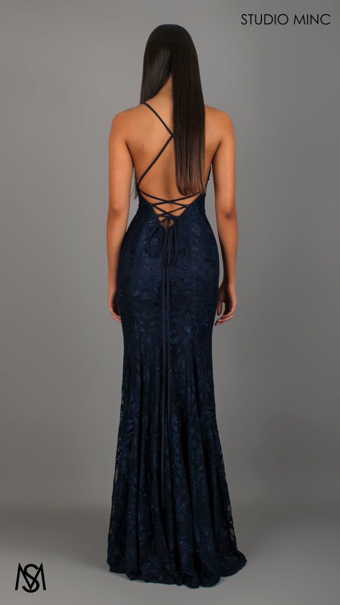 Jasmine - Navy Blue formal dress | lace Rhinestone V neckline fitted ...