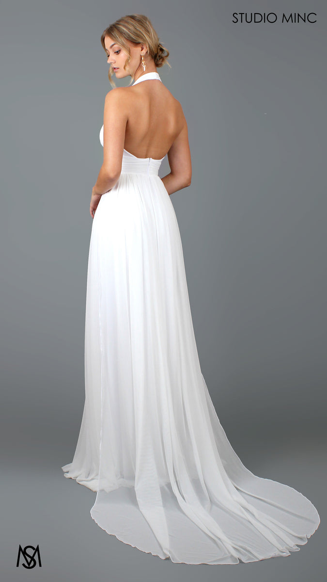 Athena - Wedding Dress | White Chiffon Net V Plunge Neckline Leg Split ...
