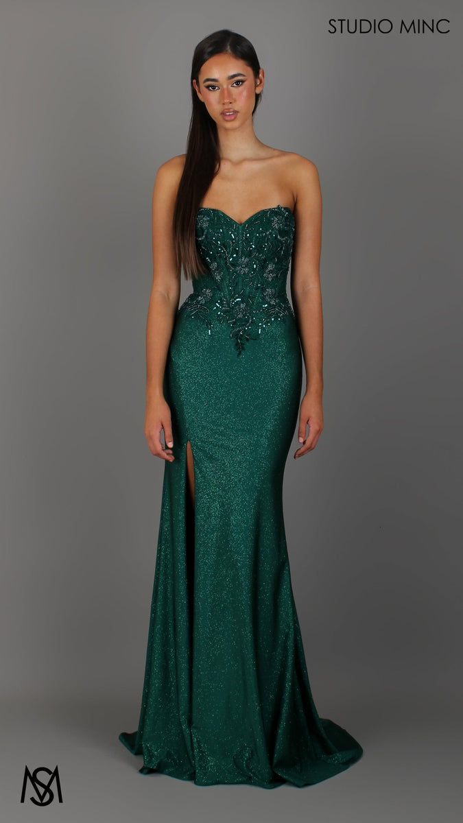 Imperial - Emerald Green Formal Dress, Beaded corset Strapless fitted ...
