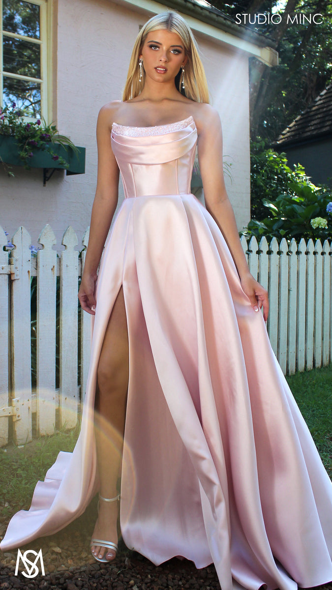 Honey - Light Pink formal Dress | Strapless corset pearl detail Mikado ...