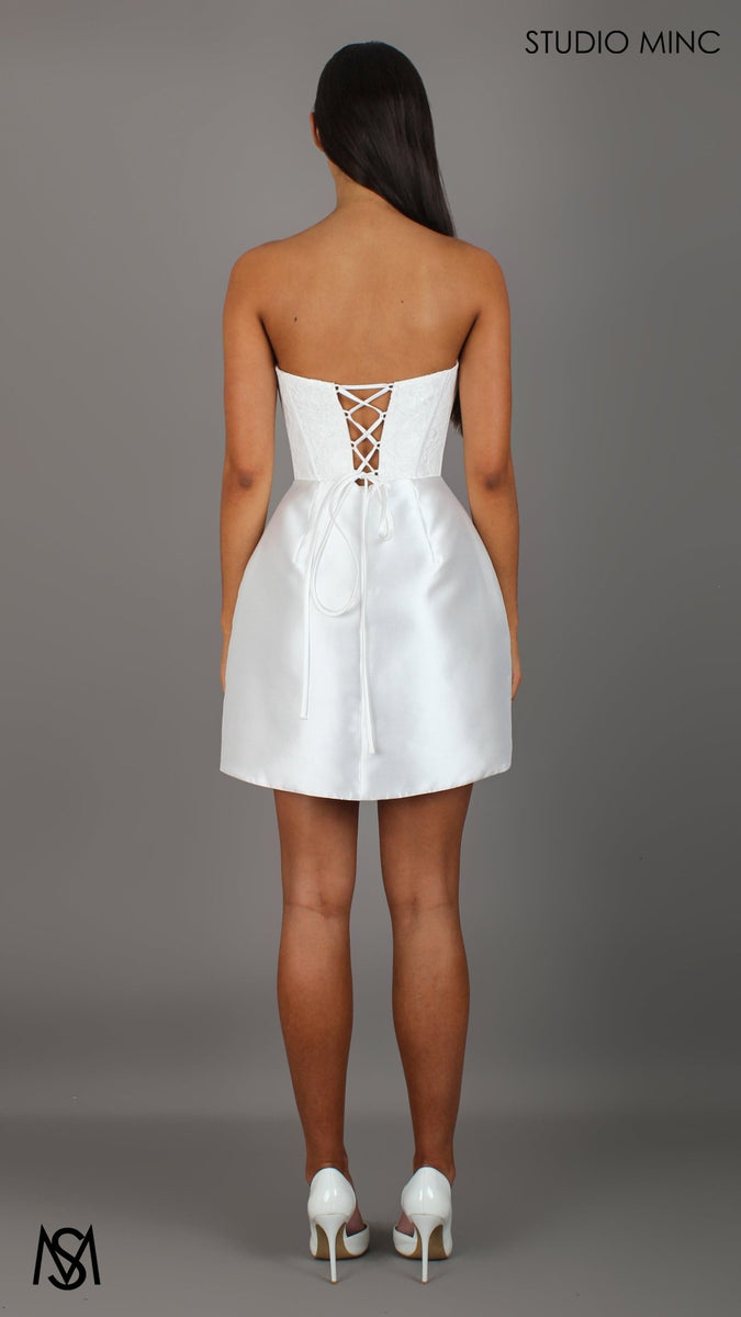 Liberty - White Bridal Mini Dress | Lace Corset, Basque Waist Satin Sk ...
