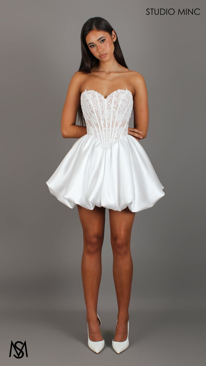 Manor Mini - White Bridal Mini Dress | Beaded Corset, Basque Satin Bub ...