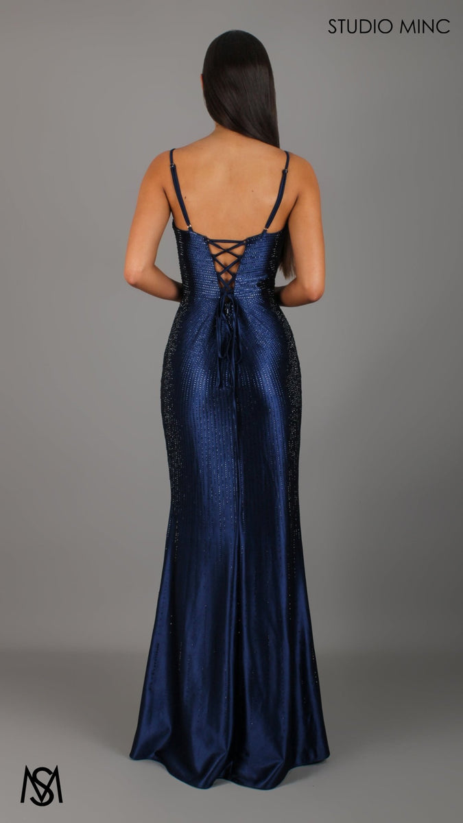 Stellar - Navy Blue Formal Dress | Rhinestone Satin jewelled V Plunge ...
