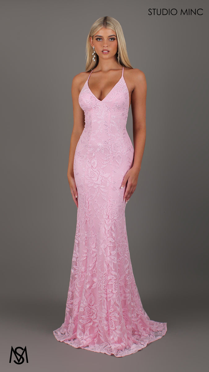 Jasmine - Light Pink formal dress | lace V neckline fitted mermaid lac ...