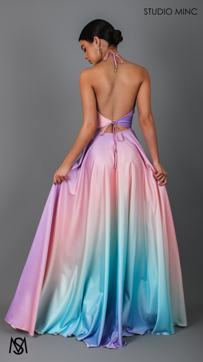 SUNSET PINK | Multi Colour pink Formal Dress, Satin High Neck Plunge ...