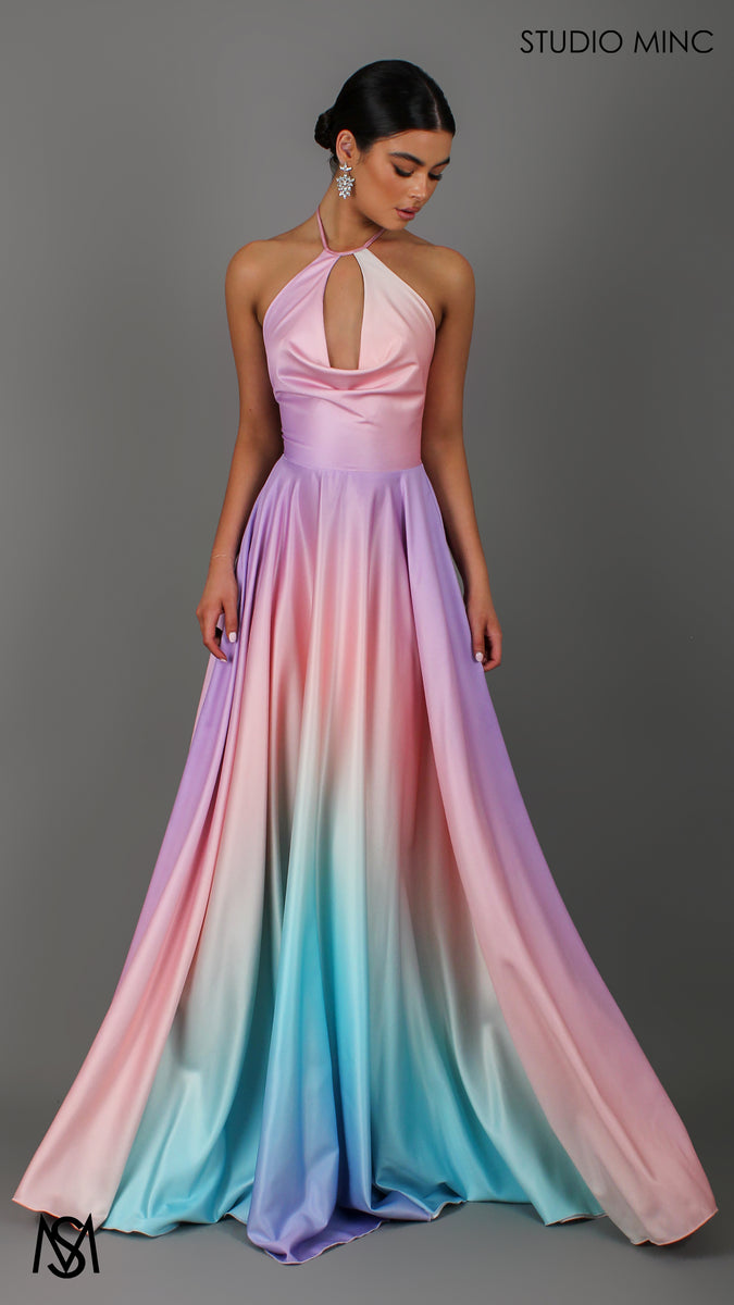 SUNSET PINK | Multi Colour pink Formal Dress, Satin High Neck Plunge ...