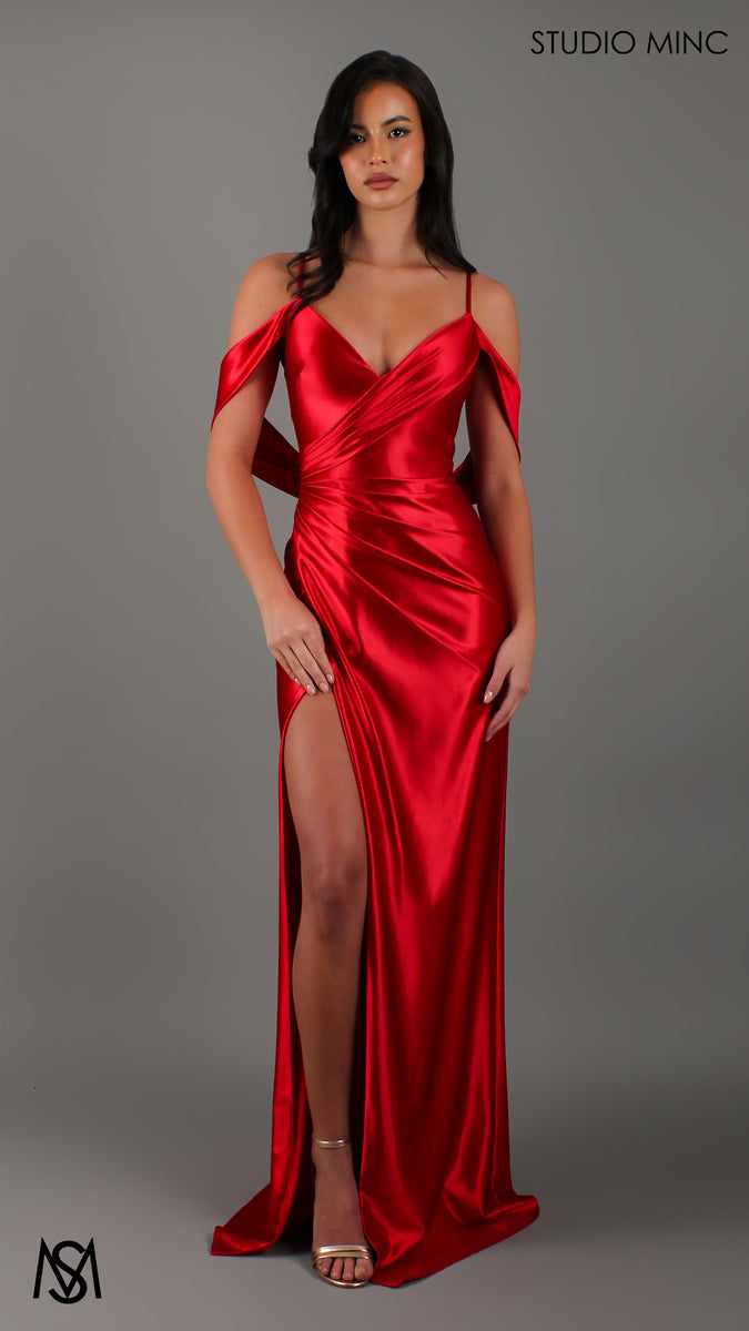 Opulence - Red Formal Dress | Satin V Neckline Spaghetti strap arm ...