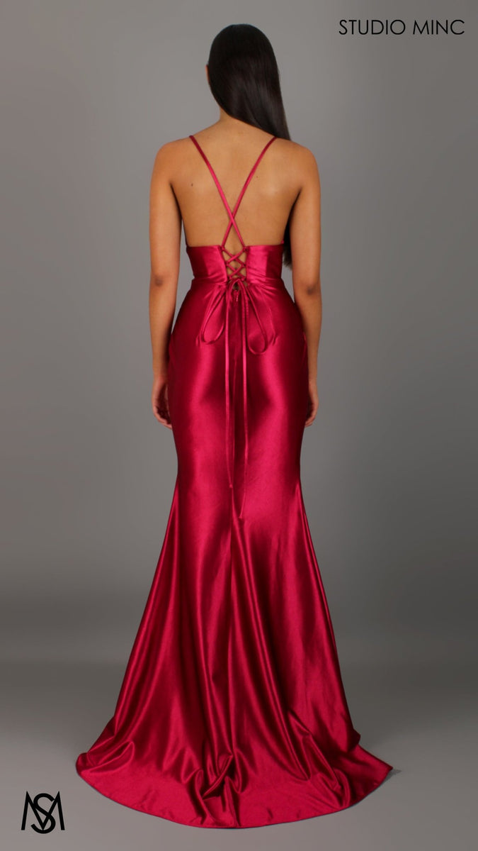 Classic - Ruby Red formal dress | Satin V neckline, backless Fitted Me ...