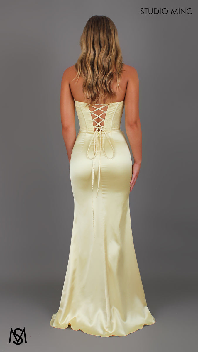 Bella - Yellow Formal Dress, Strapless lace Corset, fitted pleated sat ...