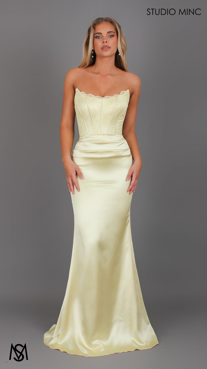 Bella - Yellow Formal Dress, Strapless lace Corset, fitted pleated sat ...
