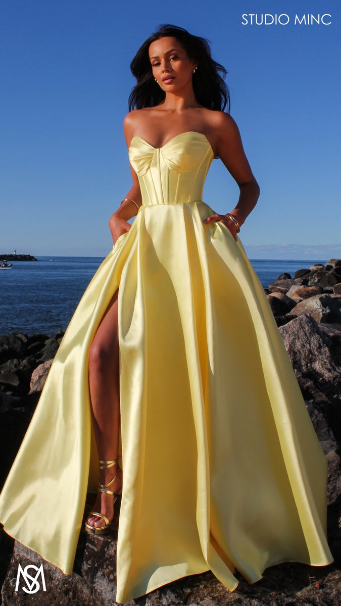 Capri - Yellow Formal Dress, satin strapless boned corset lace up gown ...