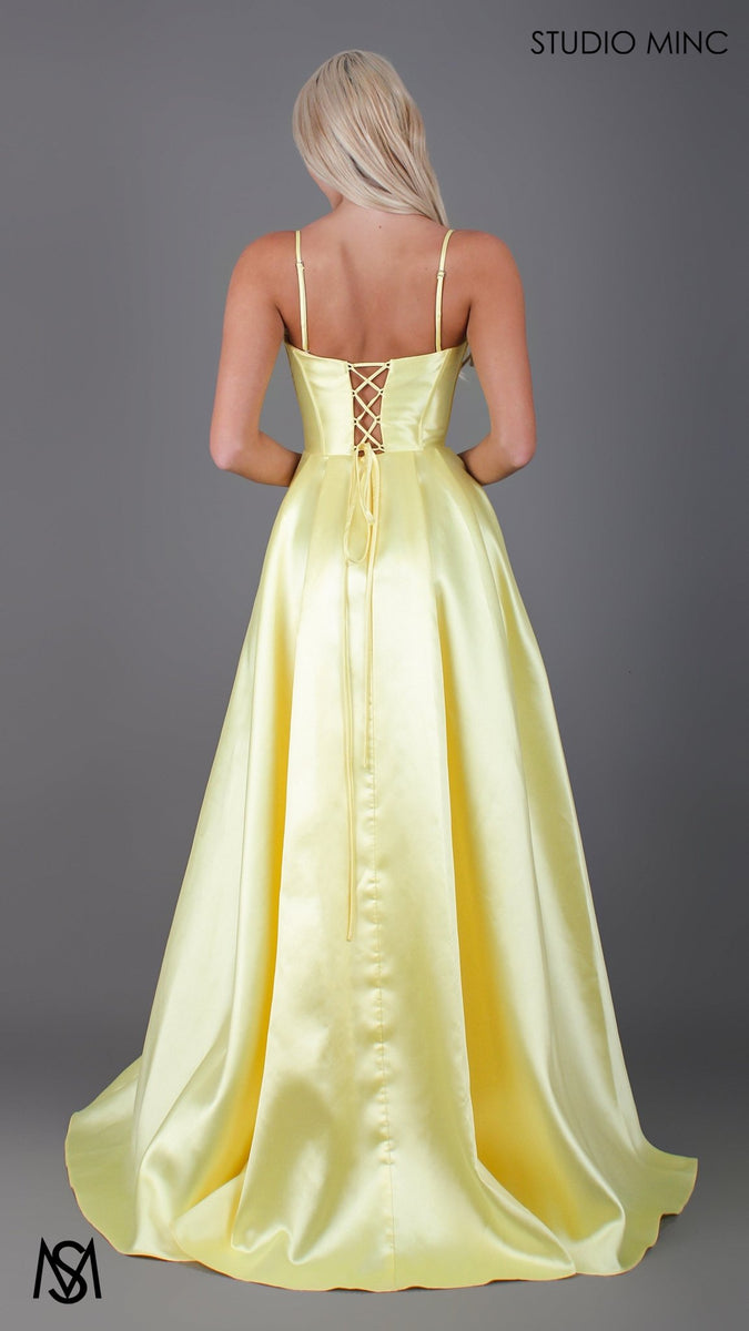 Capri - Yellow Formal Dress, satin strapless boned corset lace up gown ...