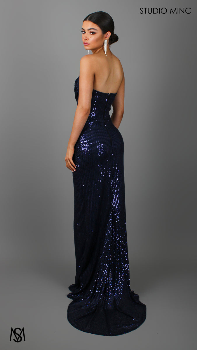 Muse - Navy Blue Formal Dress | Sequin Strapless Corset Fitted Leg ...