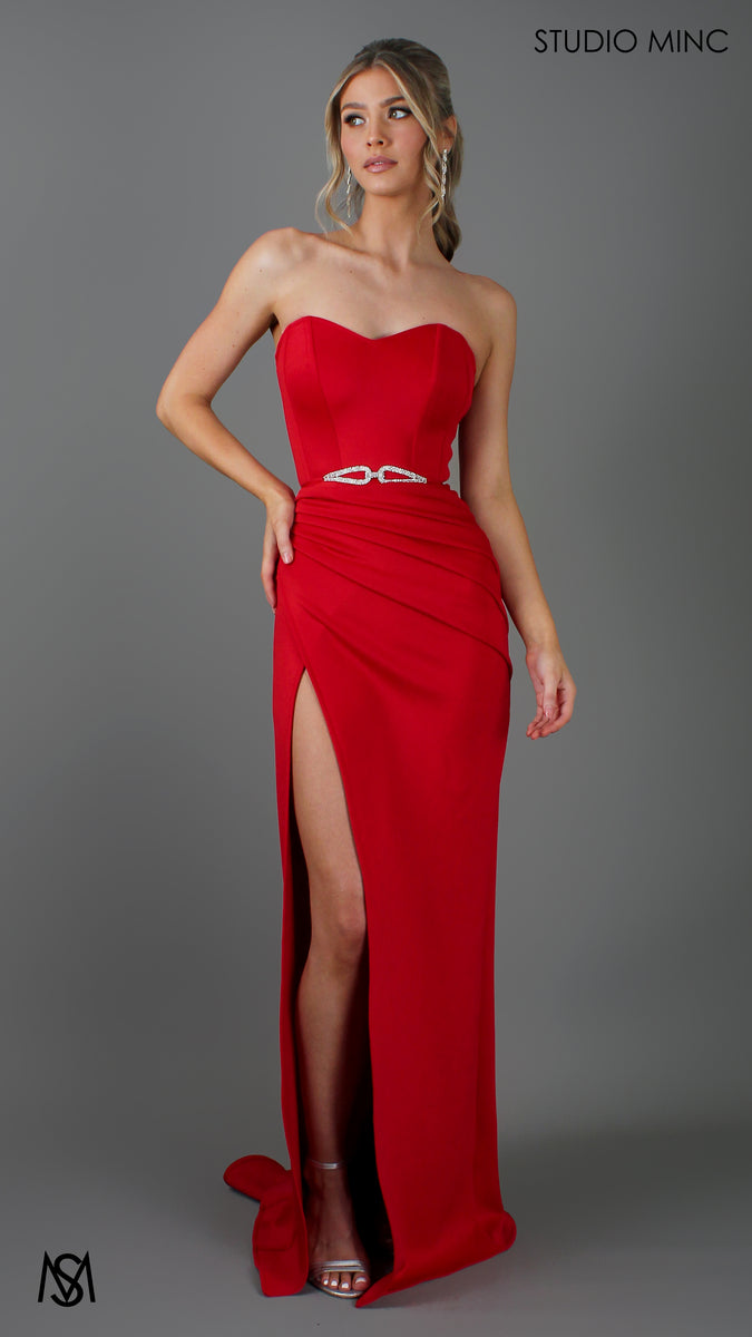 Ego - Red Formal Dress | Strapless Corset Fitted Leg Split – STUDIO MINC